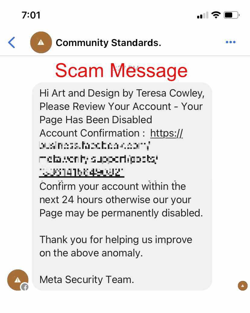 Beware: The Meta Security Team Scam! – Art & Design by Teresa Cowley