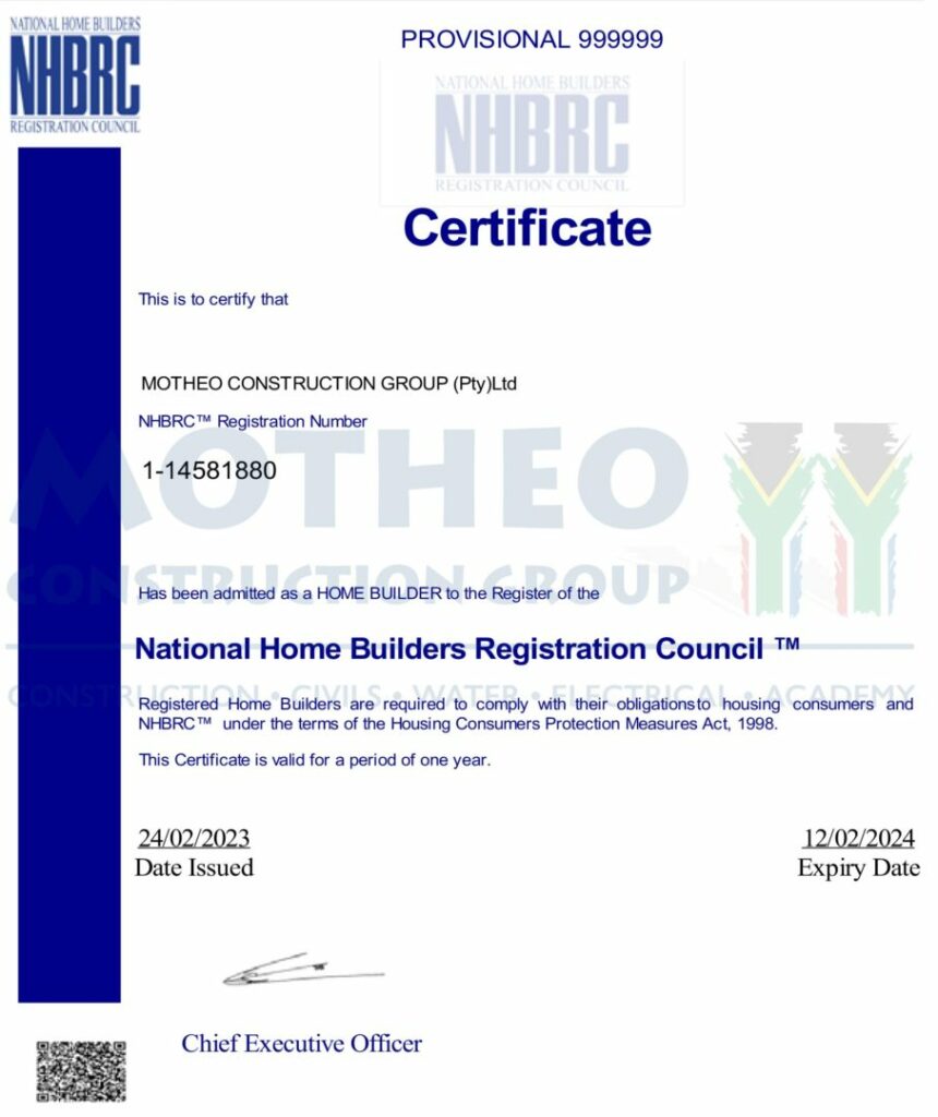 NHBRC CERTIFICATE – Motheo Construction Group