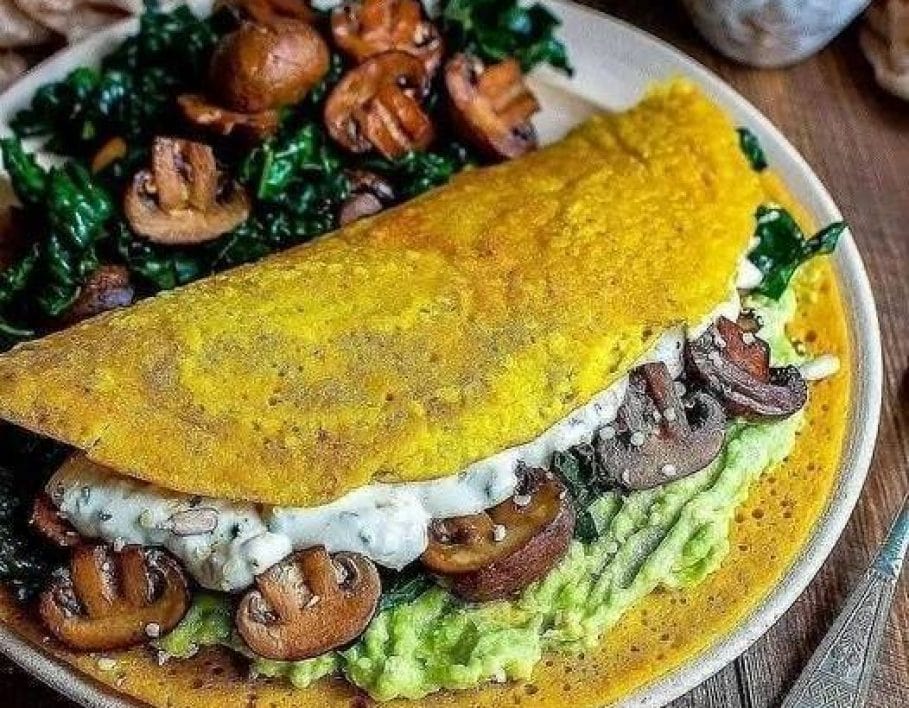 Tamari Mushroom Vegan Omelette with Avocado & Cashew Cream - GENMAG