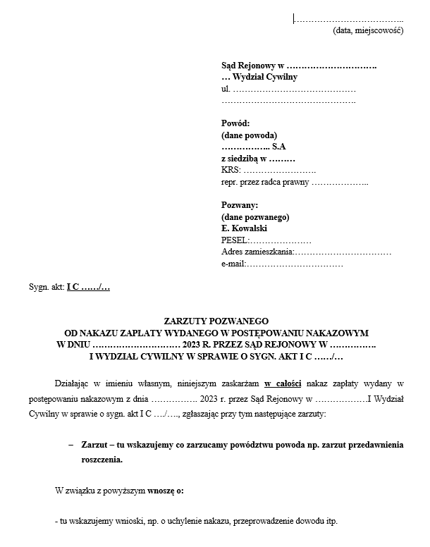ZARZUTY OD NAKAZU ZAPŁATY – WZÓR PISMA ORAZ OPŁATA SĄDOWA - Prawnicy od Długu