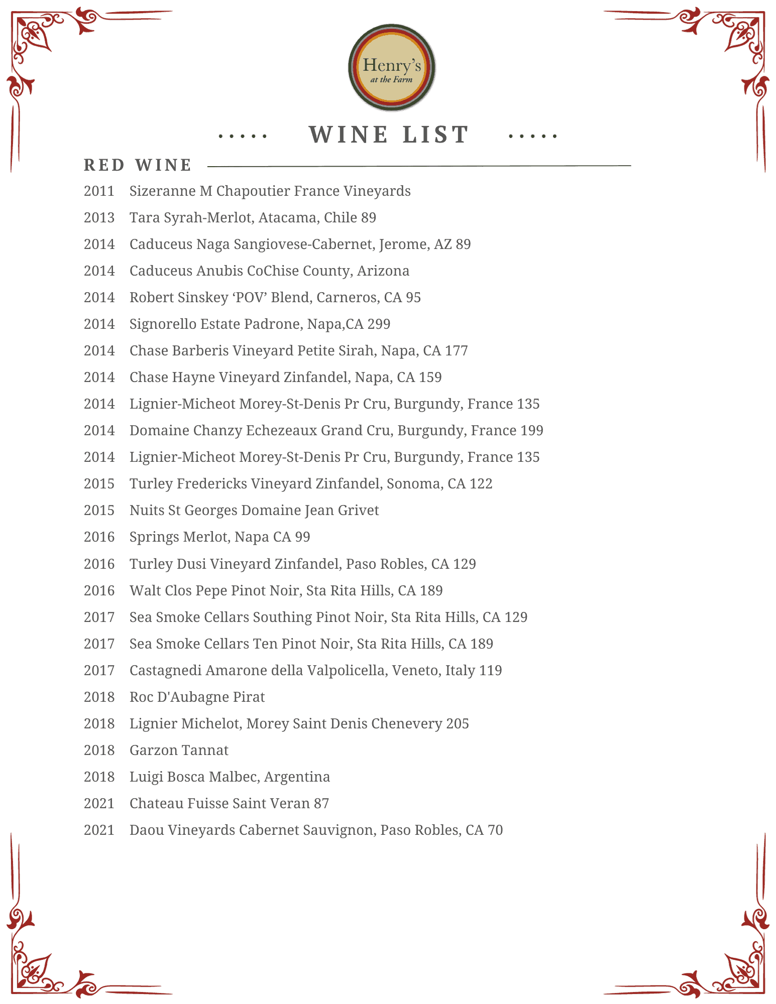 Wine & Cocktail Menu | Buttermilk Falls Inn & Spa