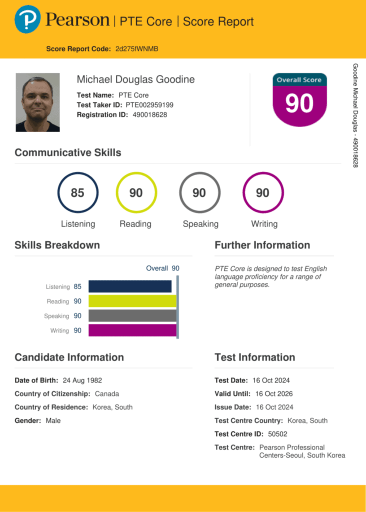 My PTE Core Score Report | Test Resources