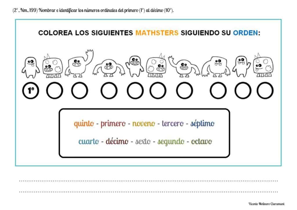 💙 NÚMEROS ORDINALES 💙 Segundo de Educación Primaria (7 años)