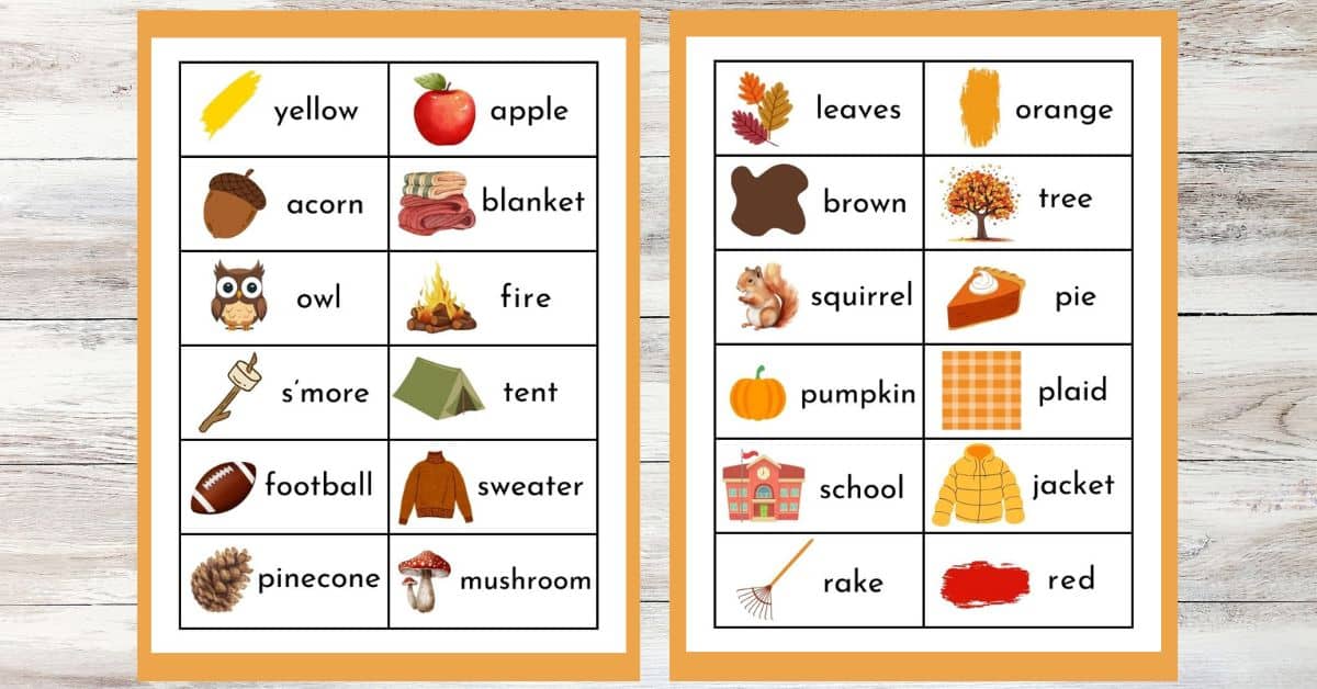 Free Fall Word List Printable