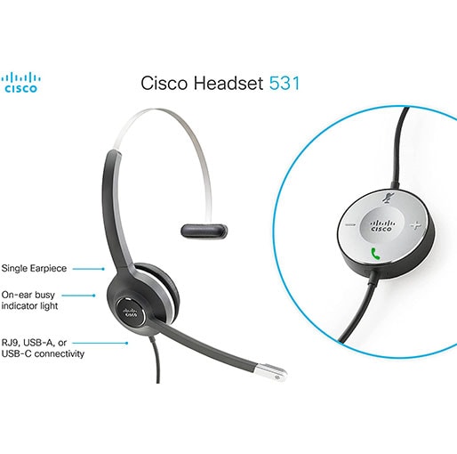 Cisco Headset 531, Wired Single On-Ear Quick Disconnect Headset with RJ ...