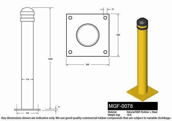 Bright Yellow bolt down steel bollard 1000mm high 114mm diameter
