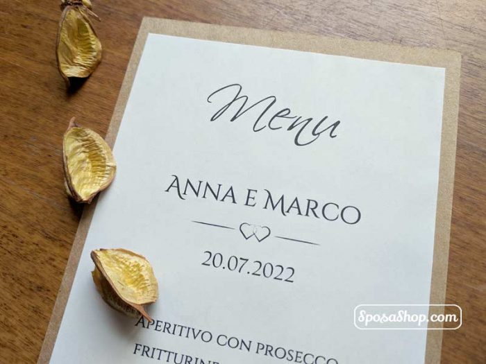Menu rustico in doppio cartoncino kraft e avorio, vintage, shabby chic.