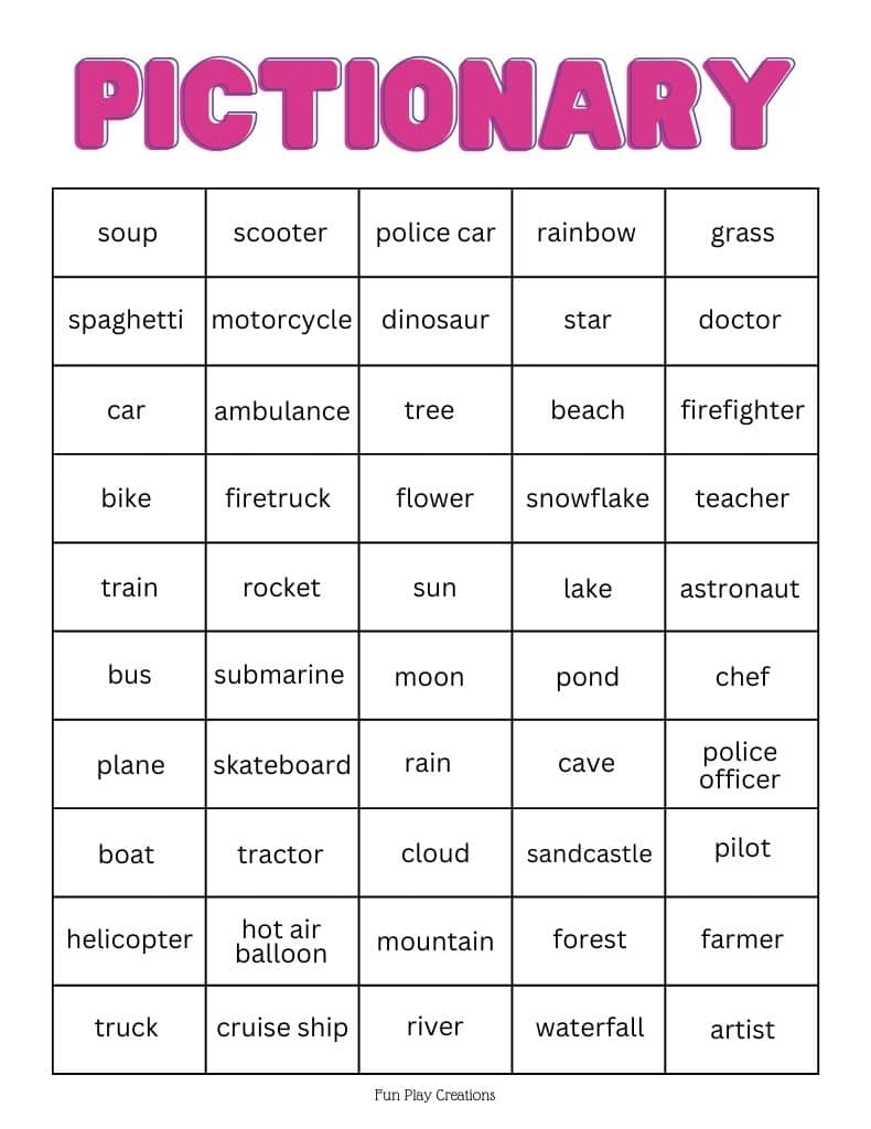 Free Printable Pictionary Word List - FREE Printables