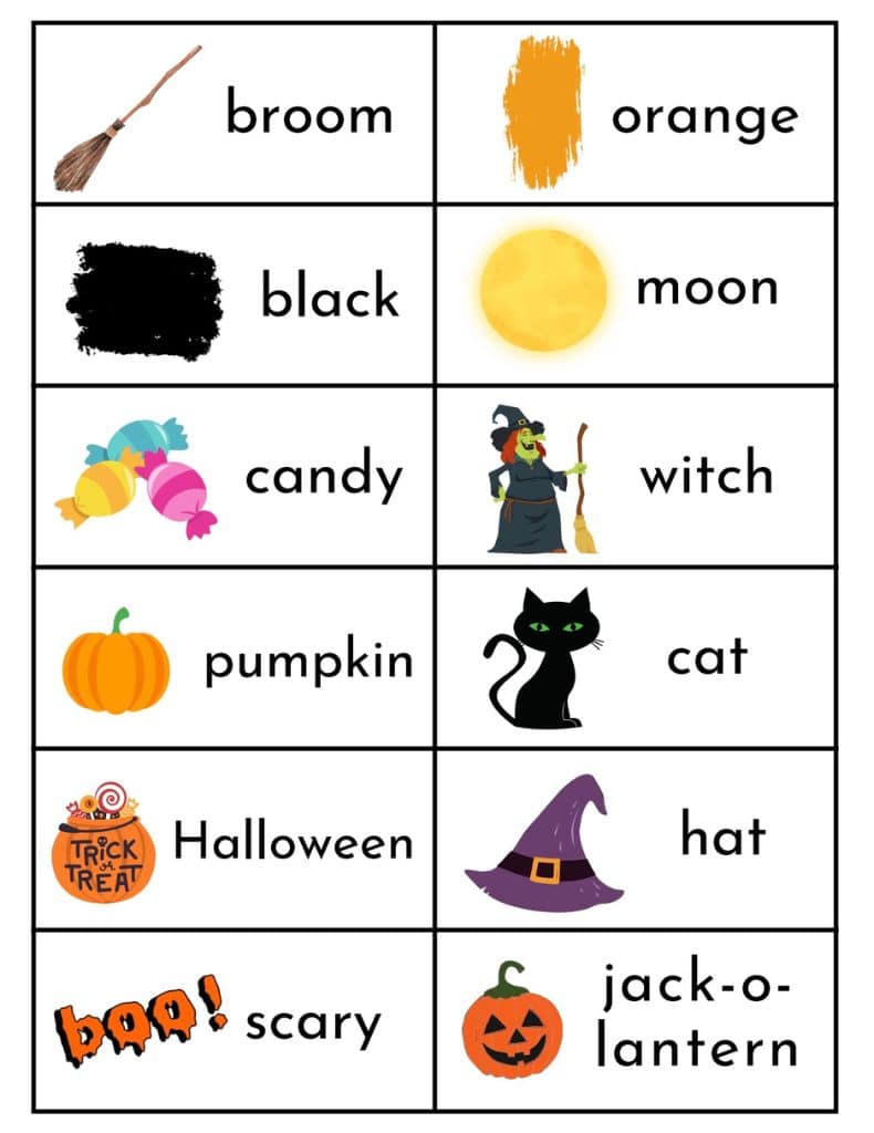 Free Halloween Word List Printable for Kids