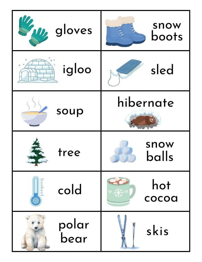 Winter Activities Pictionary Words For Students - Infoupdate.org