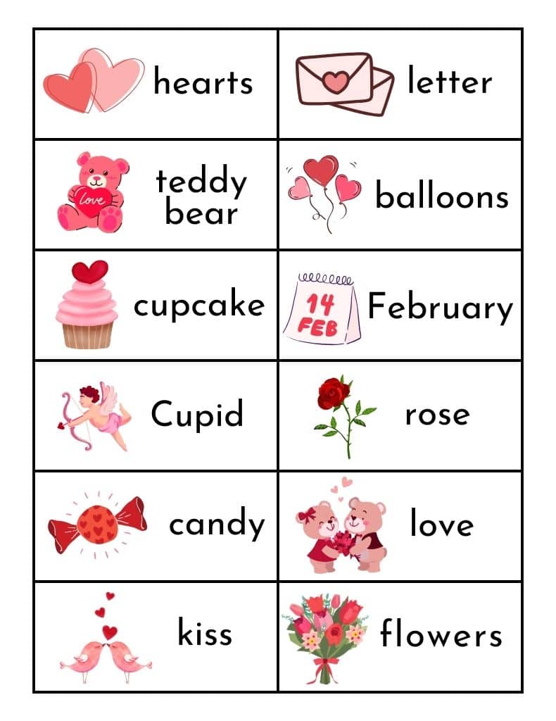 Valentine Pictionary Word List Printable