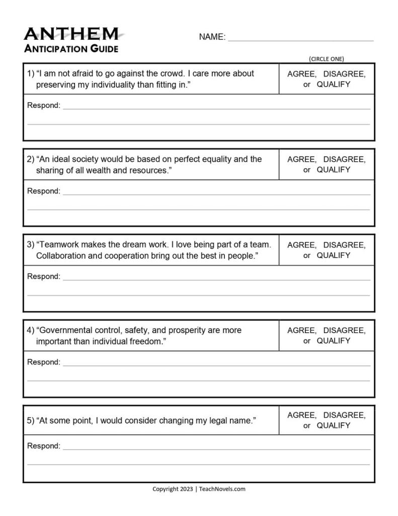ANTHEM Pre-reading Activities / Introduction Lessons - TeachNovels.com