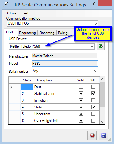 What are the settings for Mettler Toledo PS scale in USB mode? | Pocket ...