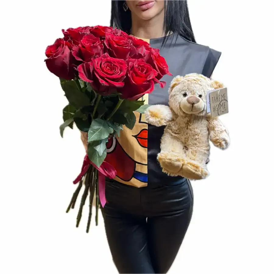 Ruže a plyšový macko Tany - Donáška kvetov