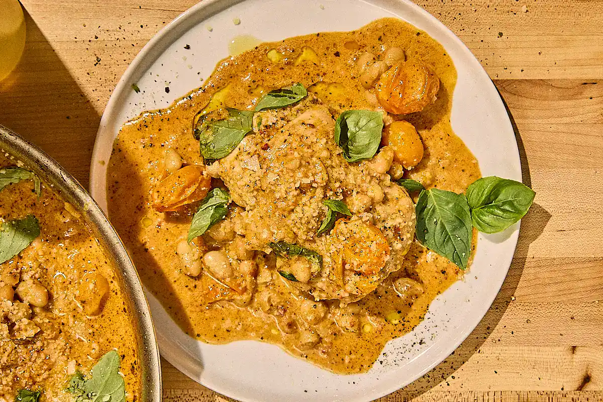 Creamy Pesto Chicken with Tomatoes and White Beans