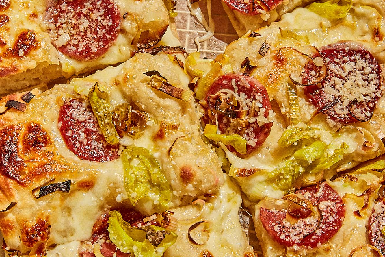 Pepperoncini Sheet Pan Pizza with Salami and Leeks