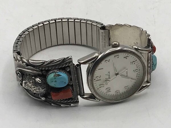 Antique Rare Sterling Silver Navajo Watch – Turquoise & Coral Inlay ...